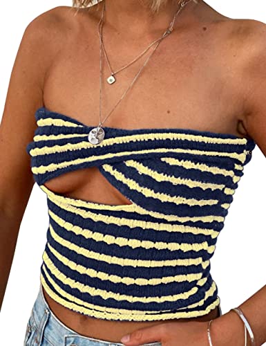 MISSACTIVER Women Striped Knit Bandeau Top Sexy Strapless Sleeveless Twist Front Hollow Out Backless Tube Crop Top Party