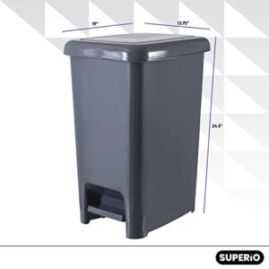 Superio Slim Trash Can with Foot Pedal – 16 Gallon Step-On Trash Can, Tall Plastic Garbage Can, Extra Large Trash Can for Bathroom, Kitchen, Office, Patio, or Backyard – Onyx Grey