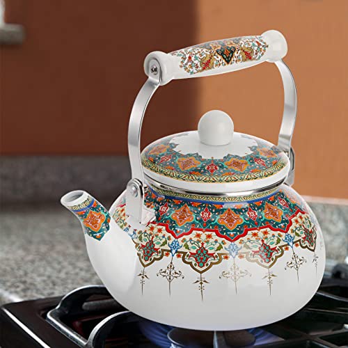 ZOOFOX Ceramic Enamel Tea Kettle, 2.6 Quart Large Floral Colorful Teapot with Handle for Stovetop, Retro Hot Water Tea Kettle Pot, No Whistling