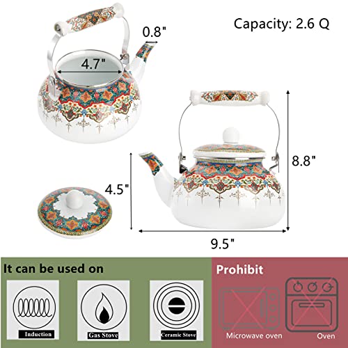 ZOOFOX Ceramic Enamel Tea Kettle, 2.6 Quart Large Floral Colorful Teapot with Handle for Stovetop, Retro Hot Water Tea Kettle Pot, No Whistling