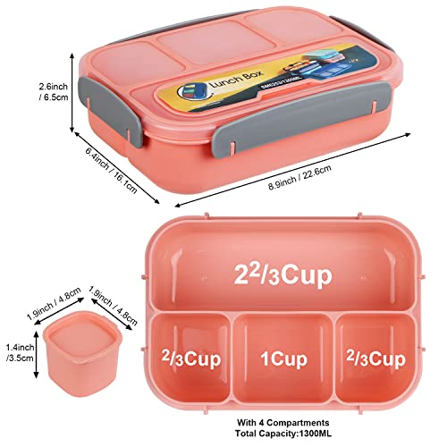 MaMix Bento Lunch Box Adult Lunch Box, Lunch Box Kids, Lunch Containers for Adults/Kids/Students,1300ML-4 Compartment Bento Lunch Box (pink)