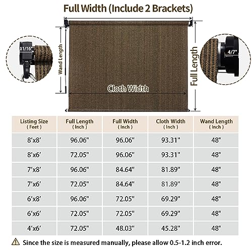 Amagenix Outdoor Roller Shades 6'(W) x 6'(H), Exterior Cordless Patio Shades Roll up Blinds for Porch Gazebo, Mocha