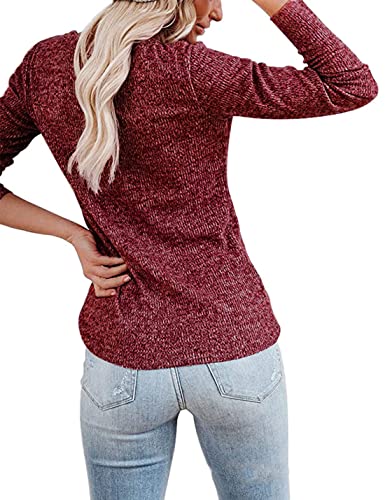 Women's Long Sleeve Henley Tops Pullover V Neck Button Loose Casual T Shirts (Small, Red Wine)