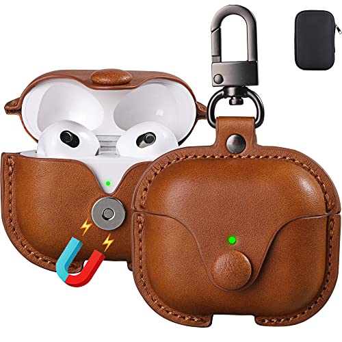 Airpods 3 Case Leather, Maxjoy for Airpods 3rd Case Cover 2021 AirPod Gen 3 Protective Cover with Keychain Compatible with Apple Airpods Generation 3rd 2021 (Front LED Visible), Brown