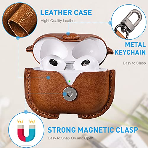 Airpods 3 Case Leather, Maxjoy for Airpods 3rd Case Cover 2021 AirPod Gen 3 Protective Cover with Keychain Compatible with Apple Airpods Generation 3rd 2021 (Front LED Visible), Brown