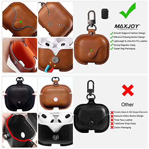 Airpods 3 Case Leather, Maxjoy for Airpods 3rd Case Cover 2021 AirPod Gen 3 Protective Cover with Keychain Compatible with Apple Airpods Generation 3rd 2021 (Front LED Visible), Brown