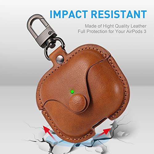 Airpods 3 Case Leather, Maxjoy for Airpods 3rd Case Cover 2021 AirPod Gen 3 Protective Cover with Keychain Compatible with Apple Airpods Generation 3rd 2021 (Front LED Visible), Brown