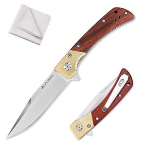 flissa d2 steel pocket knife, folding knife with ball bearing, elegant copper & wood handle, liner lock, pocket clip, cleaning cloth, perfect for edc, daily use, outdoor