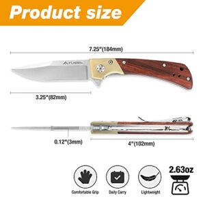 FLISSA D2 Steel Pocket Knife, Folding Knife with Ball Bearing, Elegant Copper & Wood Handle, Liner Lock, Pocket Clip, Cleaning Cloth, Perfect for EDC, Daily Use, Outdoor