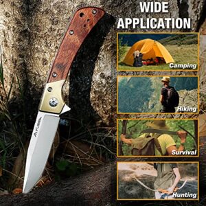 FLISSA D2 Steel Pocket Knife, Folding Knife with Ball Bearing, Elegant Copper & Wood Handle, Liner Lock, Pocket Clip, Cleaning Cloth, Perfect for EDC, Daily Use, Outdoor