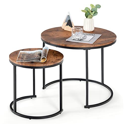 Giantex Nesting Coffee Table Set of 2, Round Stacking Side Tables w/Wooden Tabletop & Steel Frame, Space Saving Vintage End Tables for Living Room, Balcony, Office, Easy Assembly (Rustic Brown)