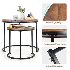 Giantex Nesting Coffee Table Set of 2, Round Stacking Side Tables w/Wooden Tabletop & Steel Frame, Space Saving Vintage End Tables for Living Room, Balcony, Office, Easy Assembly (Rustic Brown)