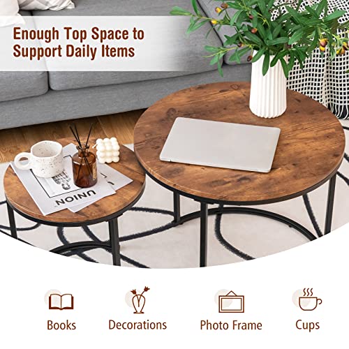 Giantex Nesting Coffee Table Set of 2, Round Stacking Side Tables w/Wooden Tabletop & Steel Frame, Space Saving Vintage End Tables for Living Room, Balcony, Office, Easy Assembly (Rustic Brown)