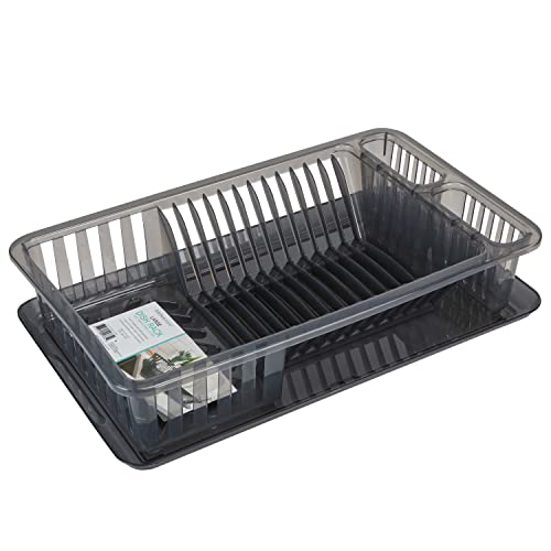 Kitchen Details Medium Dish Rack with Tray | Plastic | Dimensions: 17.6" x 10.75" x 3.75” | 12 Plate | Kitchen Accessories | Cutlery Basket | Grey | Sink Accessories