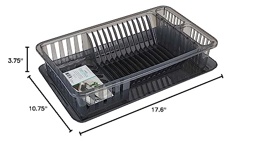 Kitchen Details Medium Dish Rack with Tray | Plastic | Dimensions: 17.6" x 10.75" x 3.75” | 12 Plate | Kitchen Accessories | Cutlery Basket | Grey | Sink Accessories