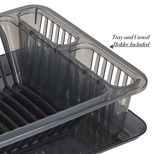 Kitchen Details Medium Dish Rack with Tray | Plastic | Dimensions: 17.6" x 10.75" x 3.75” | 12 Plate | Kitchen Accessories | Cutlery Basket | Grey | Sink Accessories