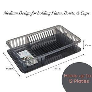 Kitchen Details Medium Dish Rack with Tray | Plastic | Dimensions: 17.6" x 10.75" x 3.75” | 12 Plate | Kitchen Accessories | Cutlery Basket | Grey | Sink Accessories