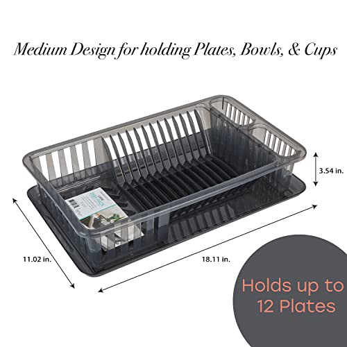 Kitchen Details Medium Dish Rack with Tray | Plastic | Dimensions: 17.6" x 10.75" x 3.75” | 12 Plate | Kitchen Accessories | Cutlery Basket | Grey | Sink Accessories