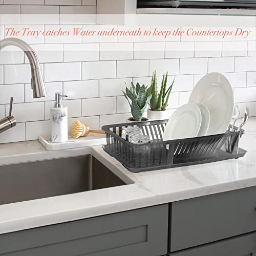 Kitchen Details Medium Dish Rack with Tray | Plastic | Dimensions: 17.6" x 10.75" x 3.75” | 12 Plate | Kitchen Accessories | Cutlery Basket | Grey | Sink Accessories