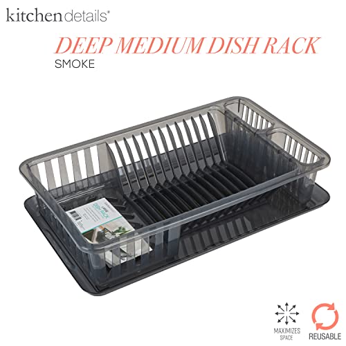 Kitchen Details Medium Dish Rack with Tray | Plastic | Dimensions: 17.6" x 10.75" x 3.75” | 12 Plate | Kitchen Accessories | Cutlery Basket | Grey | Sink Accessories