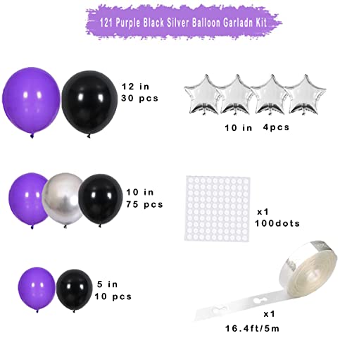 Purple Black Silver Balloon Garland Arch Kit - 121 PCS Matte Purple Black Balloons Metallic Silver Balloons for Men Women Birthday Retirement Engagement Graduation New Year Purple Black Halloween Party Decorations