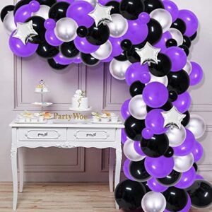 Purple Black Silver Balloon Garland Arch Kit - 121 PCS Matte Purple Black Balloons Metallic Silver Balloons for Men Women Birthday Retirement Engagement Graduation New Year Purple Black Halloween Party Decorations