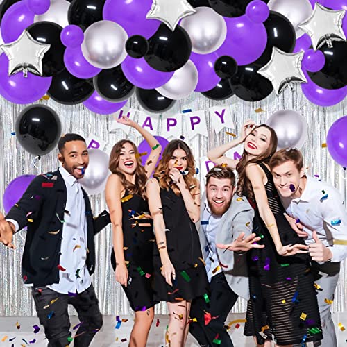 Purple Black Silver Balloon Garland Arch Kit - 121 PCS Matte Purple Black Balloons Metallic Silver Balloons for Men Women Birthday Retirement Engagement Graduation New Year Purple Black Halloween Party Decorations