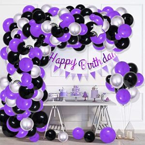 Purple Black Silver Balloon Garland Arch Kit - 121 PCS Matte Purple Black Balloons Metallic Silver Balloons for Men Women Birthday Retirement Engagement Graduation New Year Purple Black Halloween Party Decorations