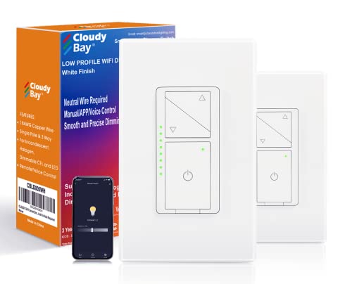 CLOUDY BAY Smart Dimmer Switch,Remote WiFi Light Switch,Compatible with Alexa and Google Home for Dimmable LED/CFL/Incandescent Bulbs, Neutral Wire Required, Single-Pole 3 Way,2 Pack