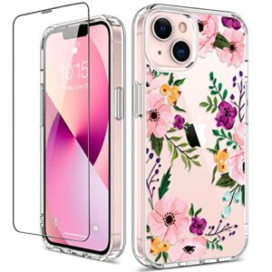 giika for iphone 13 mini case with screen protector 5.4 inch, clear full body shockproof protective floral girls women hard case with tpu bumper cover phone case for iphone 13 mini, small flowers