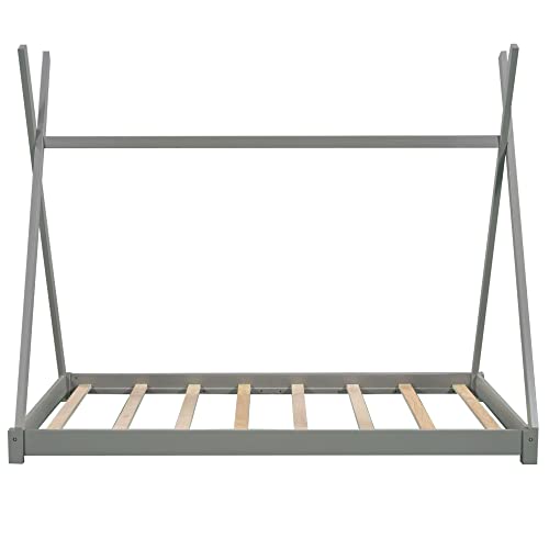 Merax Twin Size House Beds, Wood Platform Bed with Triangle tructure for Boys & Girls, No Box Spring Needed, Grey