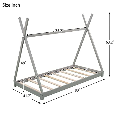 Merax Twin Size House Beds, Wood Platform Bed with Triangle tructure for Boys & Girls, No Box Spring Needed, Grey