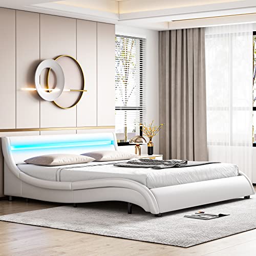 Keyluv Modern Upholstered Platform Bed Frame with LED Lights Headboard, Faux Leather Wave-Like Platform Bed Frame,Strong Wood Slats Support, Easy Assembly, Queen, White