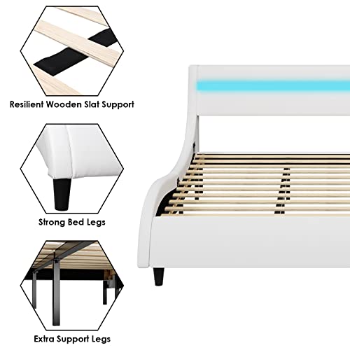 Keyluv Modern Upholstered Platform Bed Frame with LED Lights Headboard, Faux Leather Wave-Like Platform Bed Frame,Strong Wood Slats Support, Easy Assembly, Queen, White