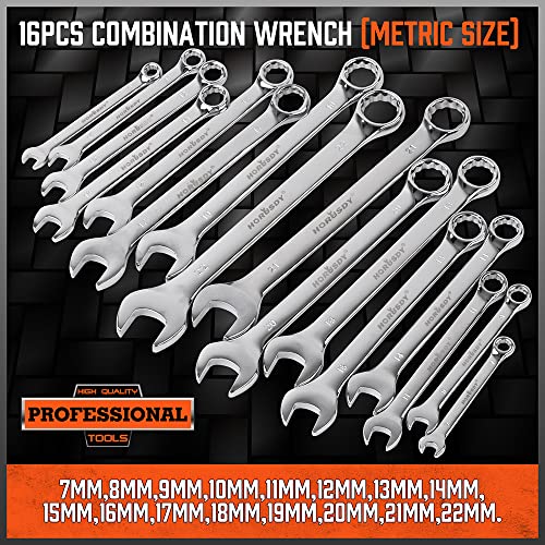 HORUSDY 32-Piece Combination Wrench Set, SAE and Metric, 1/4"-1" & 7mm-22mm, 12 Point, Chrome Vanadium Steel Construction with Case