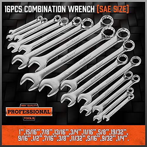 HORUSDY 32-Piece Combination Wrench Set, SAE and Metric, 1/4"-1" & 7mm-22mm, 12 Point, Chrome Vanadium Steel Construction with Case