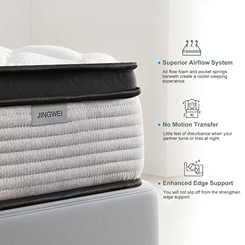 JINGWEI King Mattress, 12 Inch Innerspring Hybrid Mattress in a Box, Individually Pocket Coils for Motion Isolation & Cool Sleep, King Bed for Back Pain, Medium Firm, King Size Mattress