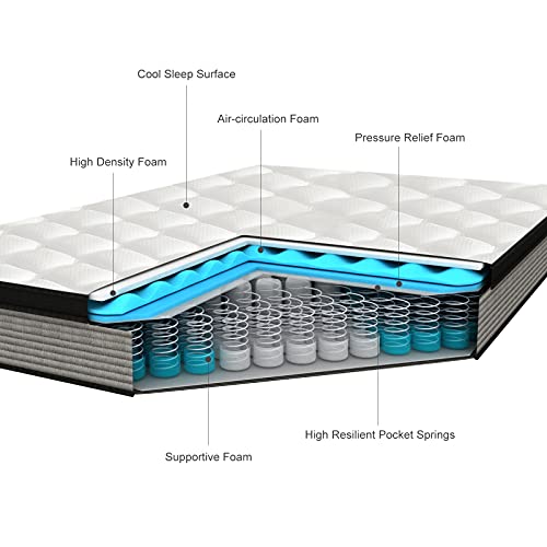 JINGWEI King Mattress, 12 Inch Innerspring Hybrid Mattress in a Box, Individually Pocket Coils for Motion Isolation & Cool Sleep, King Bed for Back Pain, Medium Firm, King Size Mattress