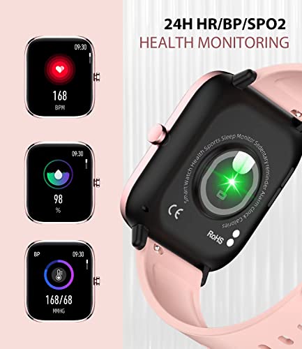 SOUYIE 2023 Smart Watch with Bluetooth Call for Women, IP67 Waterproof Fitness Tracker with 1.7" HD Display Blood Pressure HR Temperature Sleep Monitor for Android and iOS Phone Pink