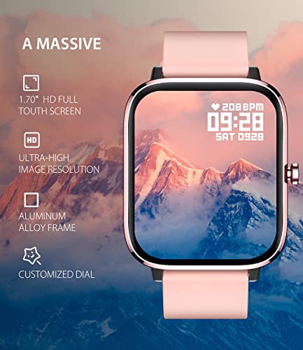 SOUYIE 2023 Smart Watch with Bluetooth Call for Women, IP67 Waterproof Fitness Tracker with 1.7" HD Display Blood Pressure HR Temperature Sleep Monitor for Android and iOS Phone Pink