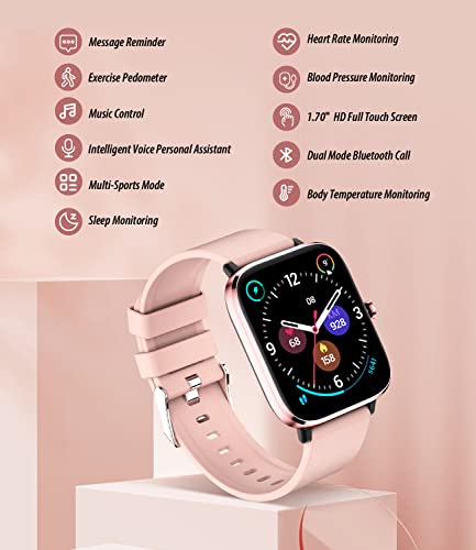 SOUYIE 2023 Smart Watch with Bluetooth Call for Women, IP67 Waterproof Fitness Tracker with 1.7" HD Display Blood Pressure HR Temperature Sleep Monitor for Android and iOS Phone Pink