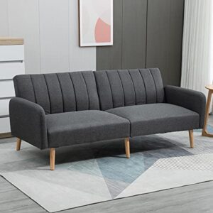 HOMCOM Two Seater Sofa Bed, Convertible Futon Couch Bed, Linen Upholstered Loveseat with Adjustable Backrest for Small Spaces, Living Room, Apartment, and Dorm, Dark Grey