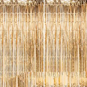 dazzle bright 4 pack backdrop curtain, 3ft x 8ft metallic tinsel foil fringe curtains photo booth background for baby shower party birthday wedding engagement bridal shower (champagne gold)