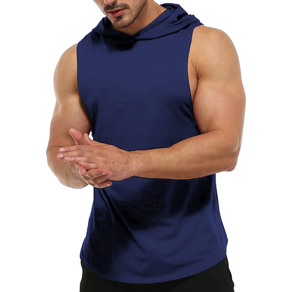 Men's Workout Bodybuilding Hoodies Tshirt Athletic Training Tank Tops Cotton Gym Hooded Top Cut Off Sleeveless Muscle T-Shirt Navy Blue L