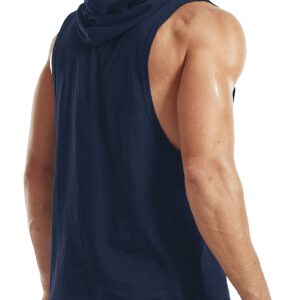 Men's Workout Bodybuilding Hoodies Tshirt Athletic Training Tank Tops Cotton Gym Hooded Top Cut Off Sleeveless Muscle T-Shirt Navy Blue L