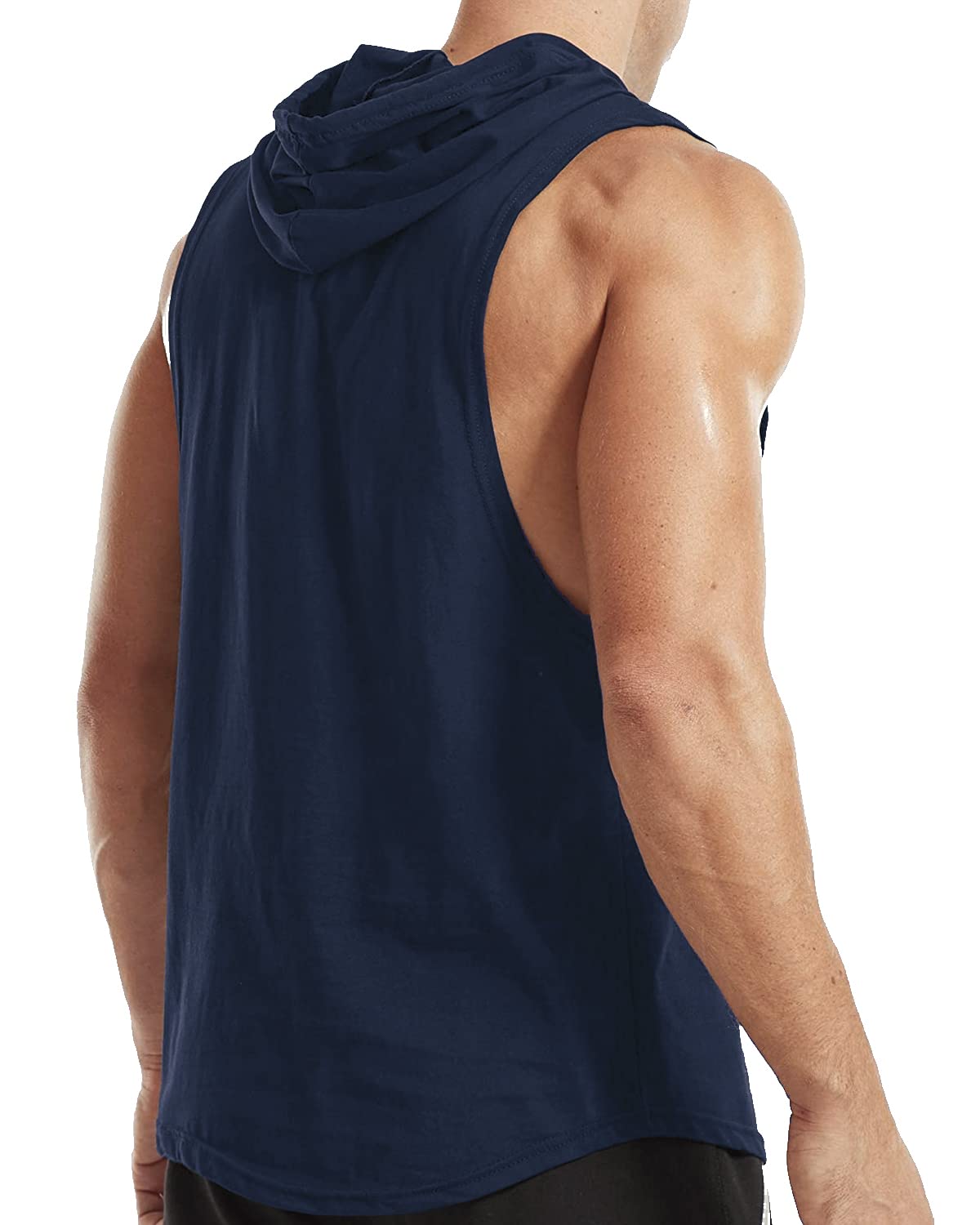 Men's Workout Bodybuilding Hoodies Tshirt Athletic Training Tank Tops Cotton Gym Hooded Top Cut Off Sleeveless Muscle T-Shirt Navy Blue L