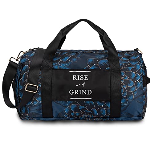 Gym Bag for Women with Shoe Compartment and Wet Pocket | Durable Lightweight Gym Duffle Bag with Motivational Quote and Graphic Designs | Great for Exercise and Overnights | Teal/Black - Dahlia Flower