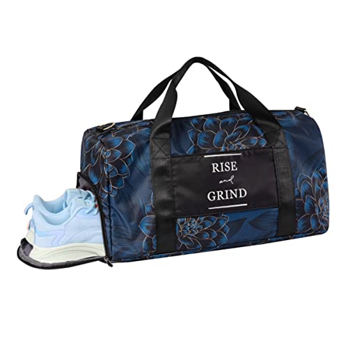 Gym Bag for Women with Shoe Compartment and Wet Pocket | Durable Lightweight Gym Duffle Bag with Motivational Quote and Graphic Designs | Great for Exercise and Overnights | Teal/Black - Dahlia Flower