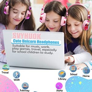 SVYHUOK Pompoms Pink Unicorn Wired Headphones,Cute Cat Ear Kids Game Headset for Girls Teens Tablet Laptop PC,Over Ear Children Headset withMic,for School Birthday Xmas Gifts