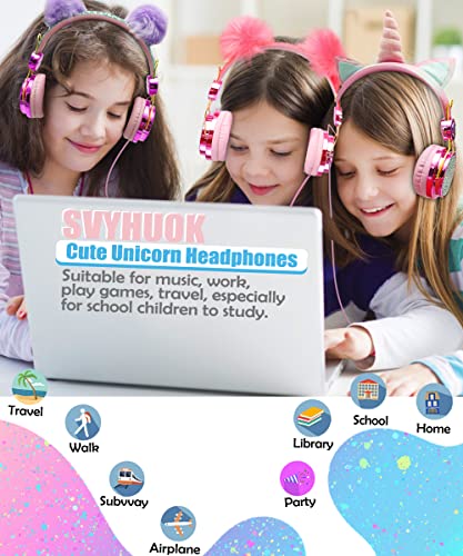 SVYHUOK Pompoms Pink Unicorn Wired Headphones,Cute Cat Ear Kids Game Headset for Girls Teens Tablet Laptop PC,Over Ear Children Headset withMic,for School Birthday Xmas Gifts